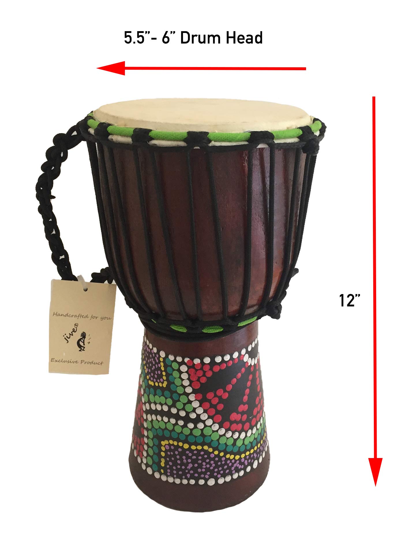 Djembe Drum Bongo Congo African Wood Drum - MED SIZE- 12" High, JIVE BRAND, Professional Quality With Heavy Base/Includes Drum Key Chain