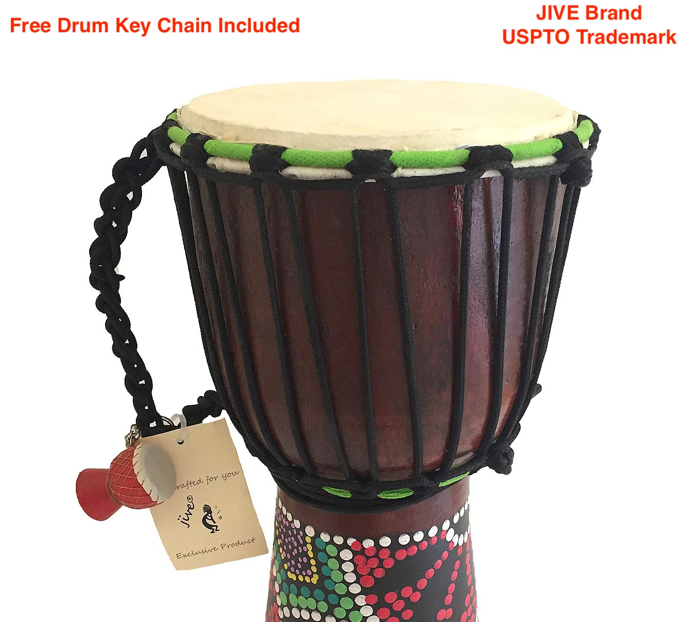 Djembe Drum Bongo Congo African Wood Drum - MED SIZE- 12" High, JIVE BRAND, Professional Quality With Heavy Base/Includes Drum Key Chain