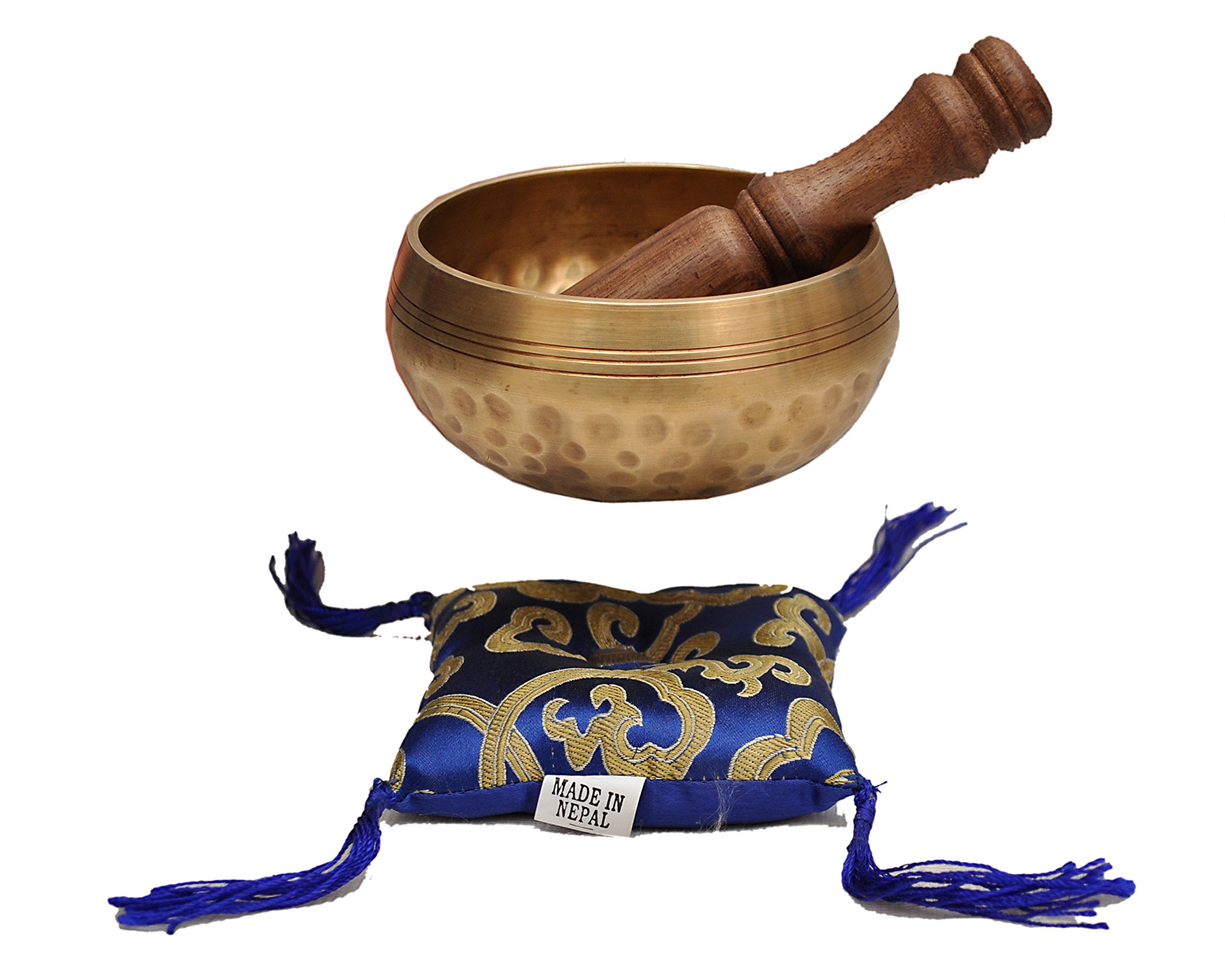 Tibetan Meditation Yoga Singing Bowl Set by Kasthamandap - Hand Hammered in Nepal - Handcrafted Bowl for Relaxing Meditation, Chakra Healing, Yoga and Mindfulness