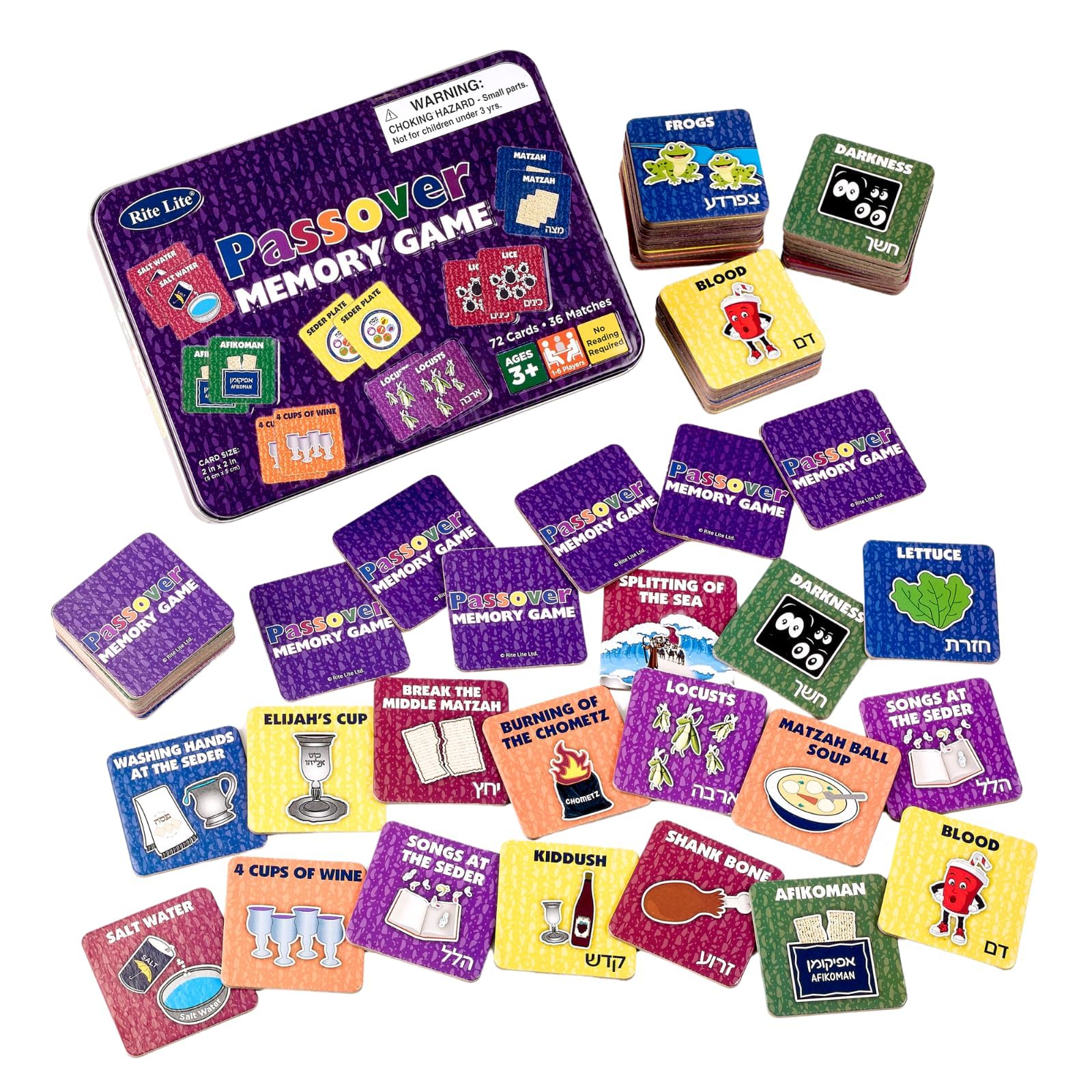 Passover Memory Game by Rite Lite | Passover Gifts Jewish Pesach Seder Holiday Party Favors | Match the Most Cards & Win! Collectible Tin 72 Cards