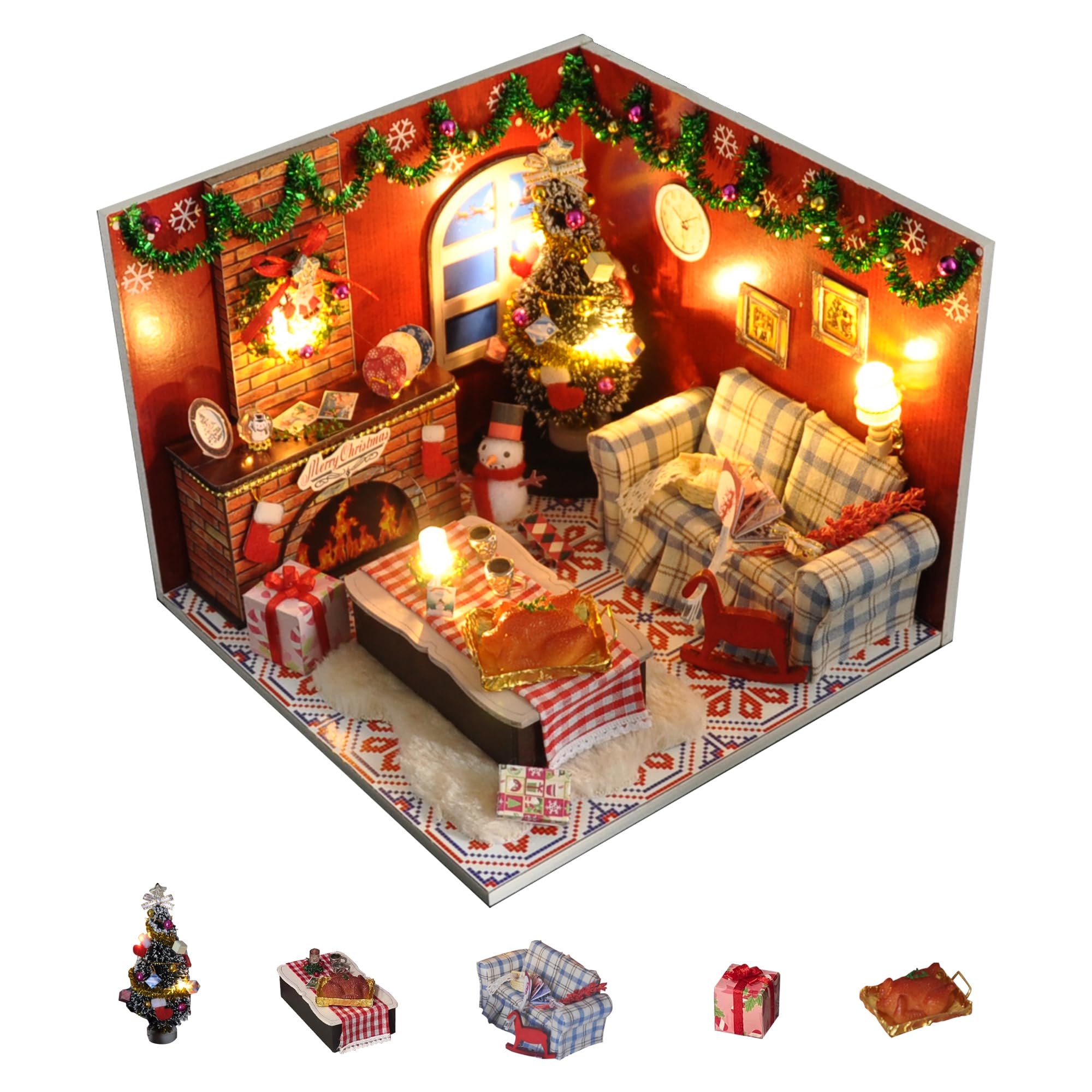 Flever Dollhouse Miniature DIY House Kit Creative Room with Furniture and Glass Cover for Romantic Artwork Gift(Christmas Eve)