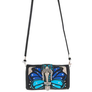 Justin West Abstract Butterfly Buckle Black Conceal Carry Handbag (Blue Purse and wallet)