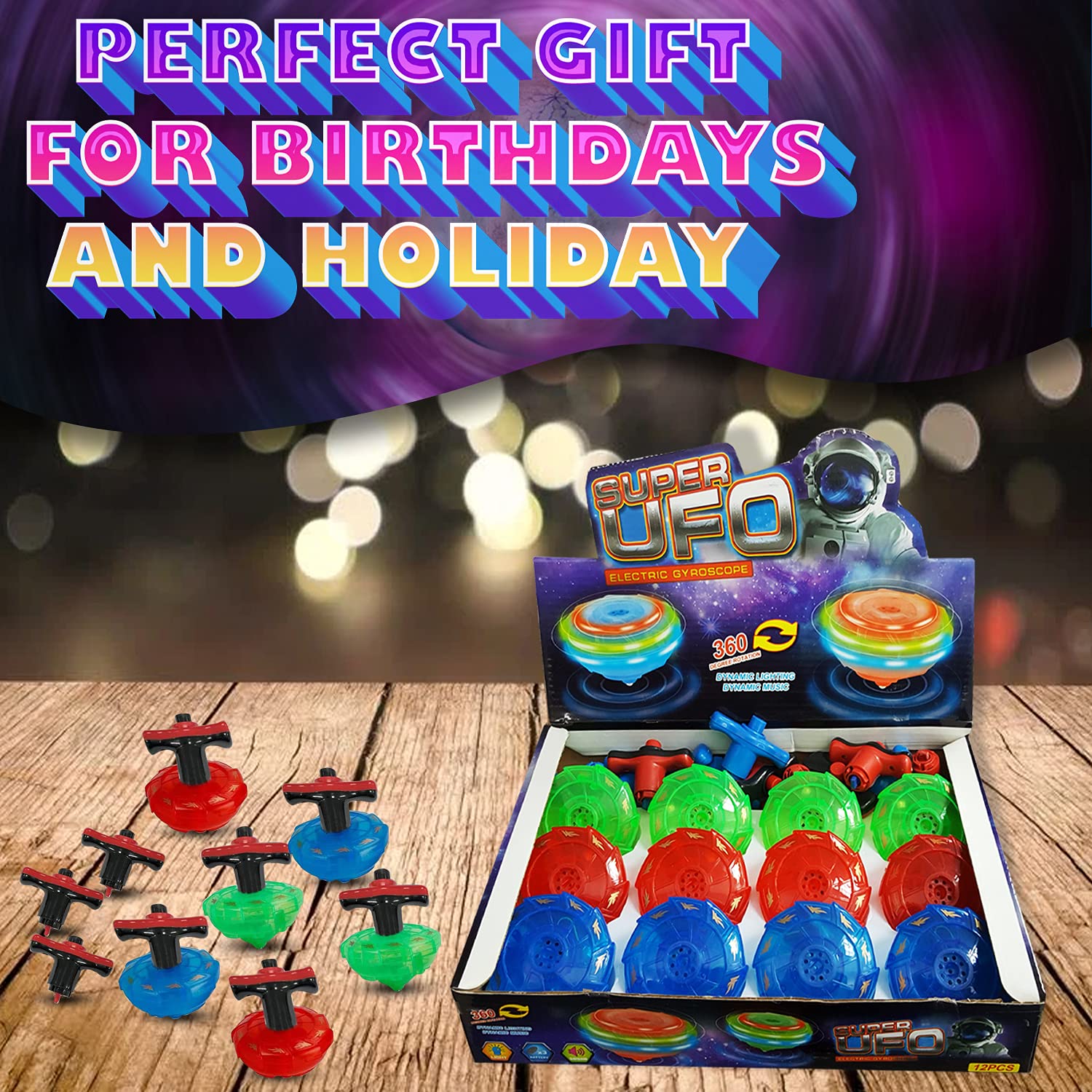 12-Pack Light Up Spinner Tops - UFO Spinning Tops with Gyroscope, LED Flashing Toy Bulk Novelty Party Favors & Fun Stocking Stuffers, Goodie Bag Fillers for Kids