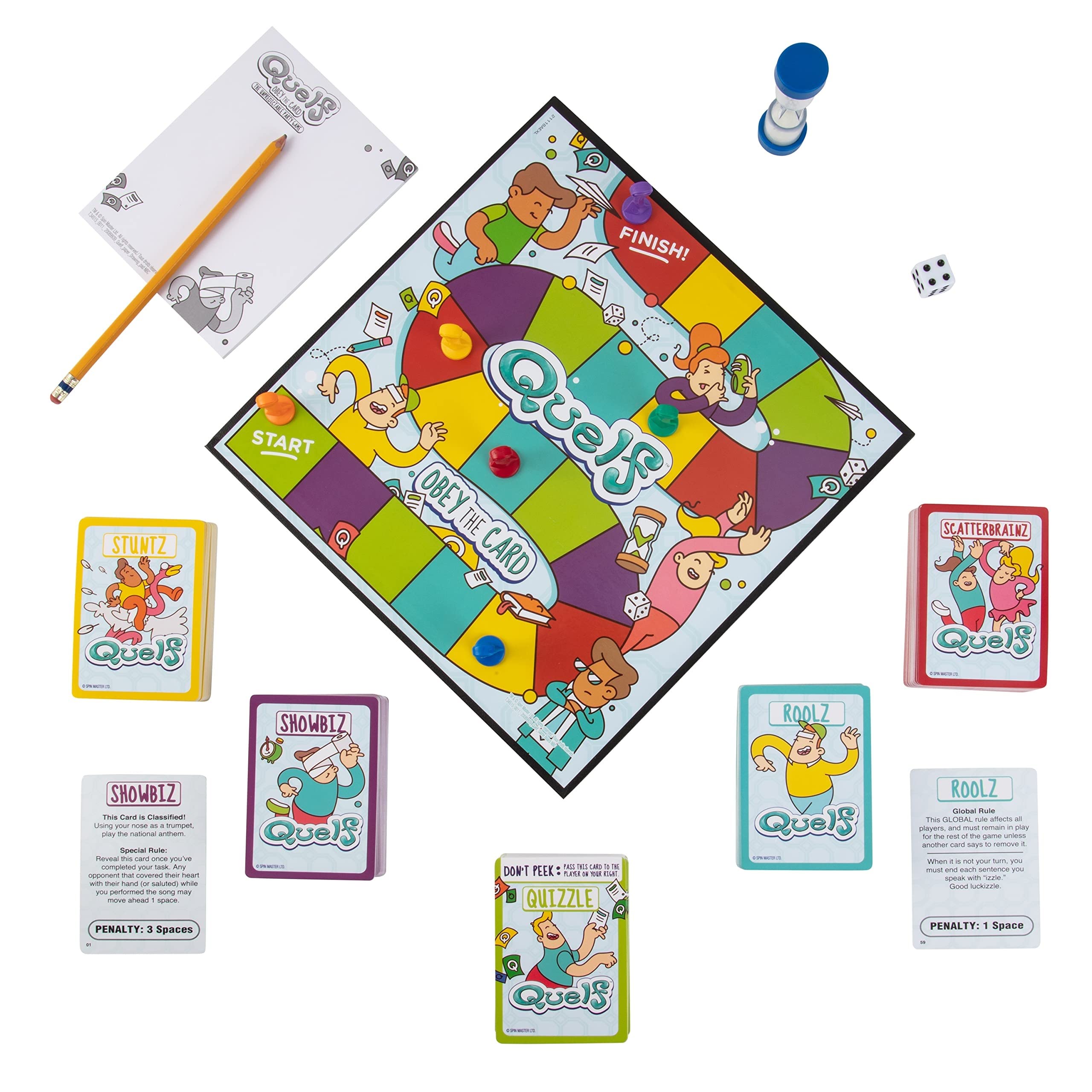 Spin Master Quelf Board Game: Party Game for Teens and Adults -Obey The Cards to Win Family Game Night - 300 Outrageous Action Cards Combines Quiz Questions, Stunts, Acting, and Hilarious Rules