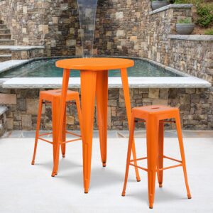 flash furniture commercial grade 24" round orange metal indoor-outdoor bar table set with 2 square seat backless stools