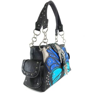 Justin West Abstract Butterfly Buckle Black Conceal Carry Handbag (Blue Purse and wallet)