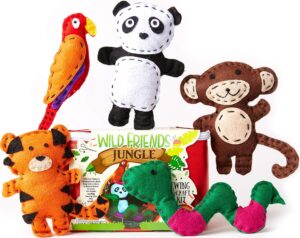 bryte jungle animal sewing kit for kids age 7 - diy arts & crafts felt sewing kit for birthdays and holidays with 5 pre-cut felt animals, needles, thread, instructions & more