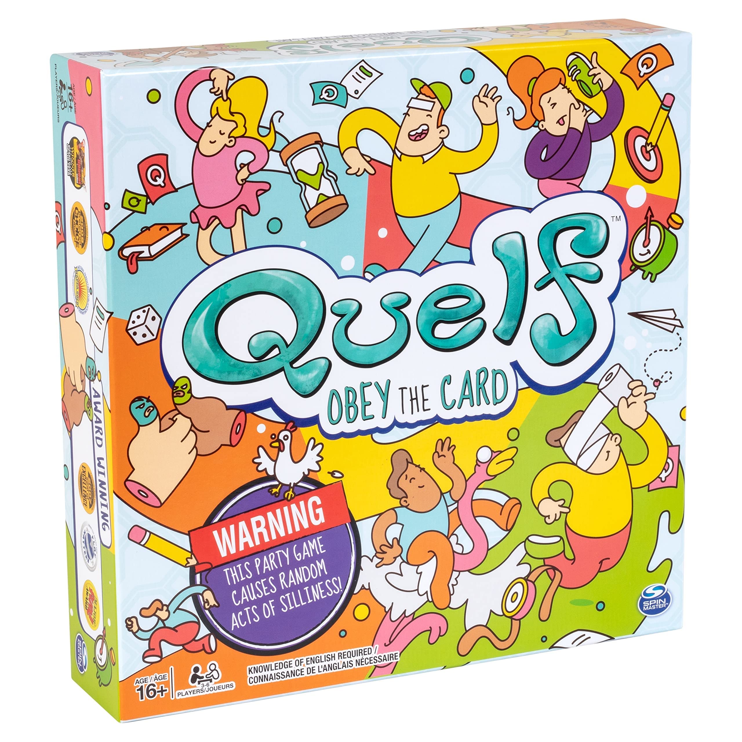 Spin Master Quelf Board Game: Party Game for Teens and Adults -Obey The Cards to Win Family Game Night - 300 Outrageous Action Cards Combines Quiz Questions, Stunts, Acting, and Hilarious Rules