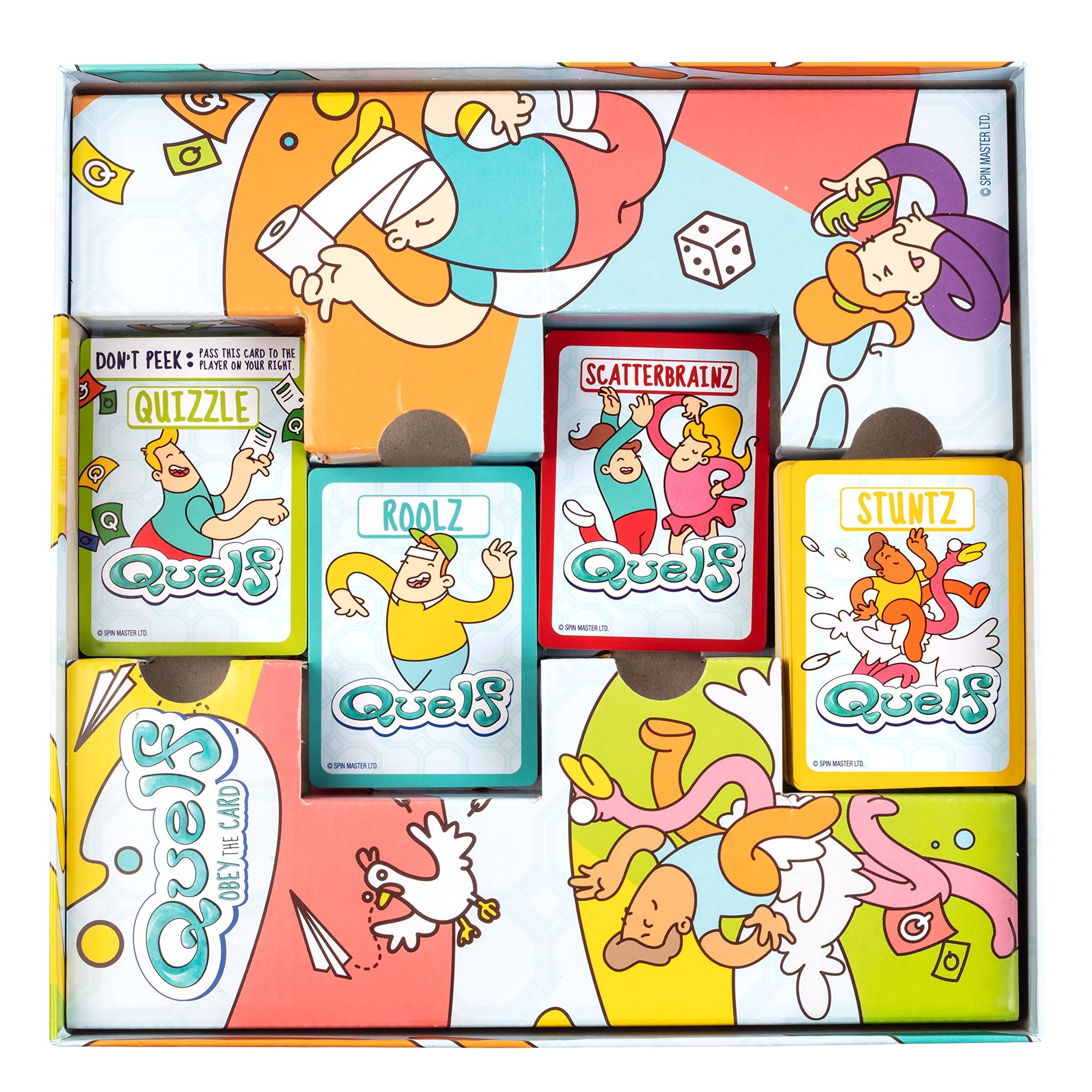 Spin Master Quelf Board Game: Party Game for Teens and Adults -Obey The Cards to Win Family Game Night - 300 Outrageous Action Cards Combines Quiz Questions, Stunts, Acting, and Hilarious Rules