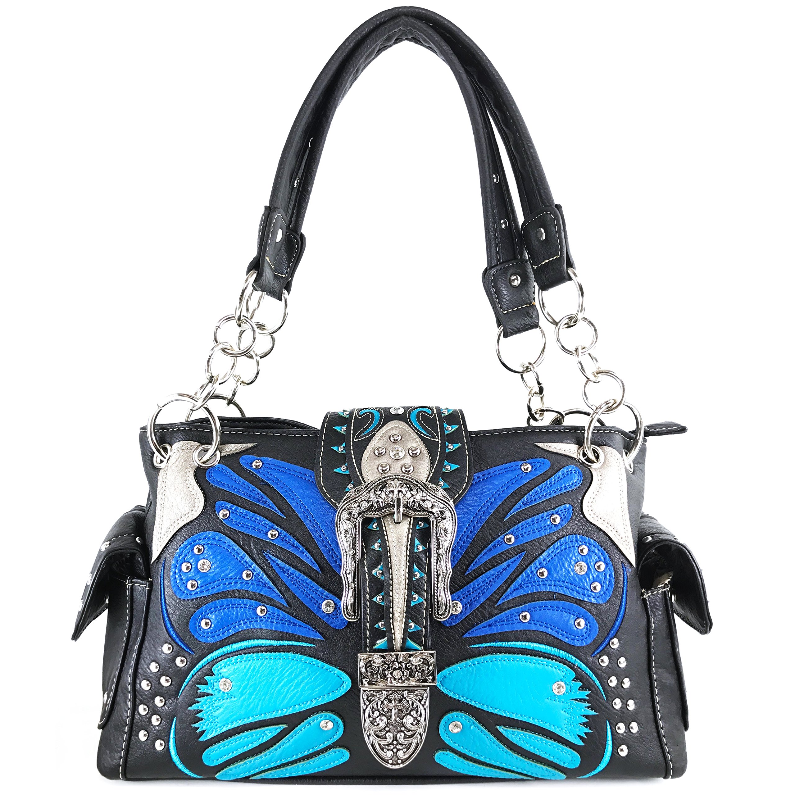 Justin West Abstract Butterfly Buckle Black Conceal Carry Handbag (Blue Purse and wallet)