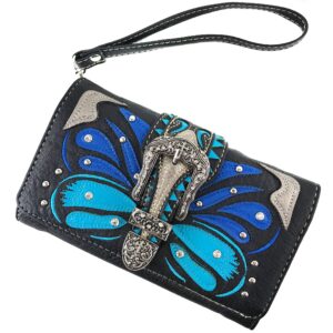 Justin West Abstract Butterfly Buckle Black Conceal Carry Handbag (Blue Purse and wallet)