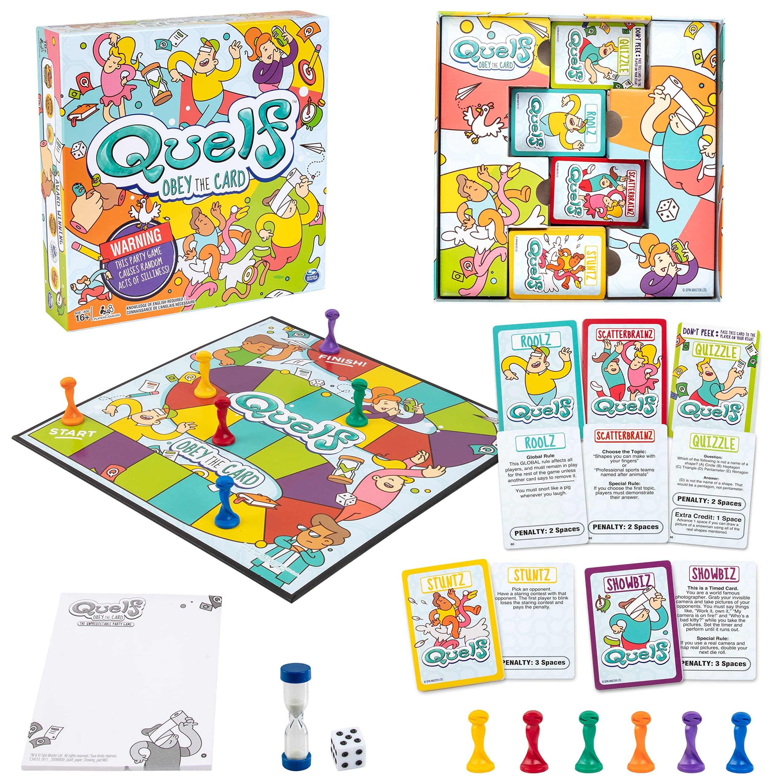 Spin Master Quelf Board Game: Party Game for Teens and Adults -Obey The Cards to Win Family Game Night - 300 Outrageous Action Cards Combines Quiz Questions, Stunts, Acting, and Hilarious Rules