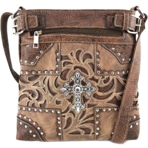 justin west western laser cut rhinestone silver cross messenger handbag with crossbody strap (beige brown)