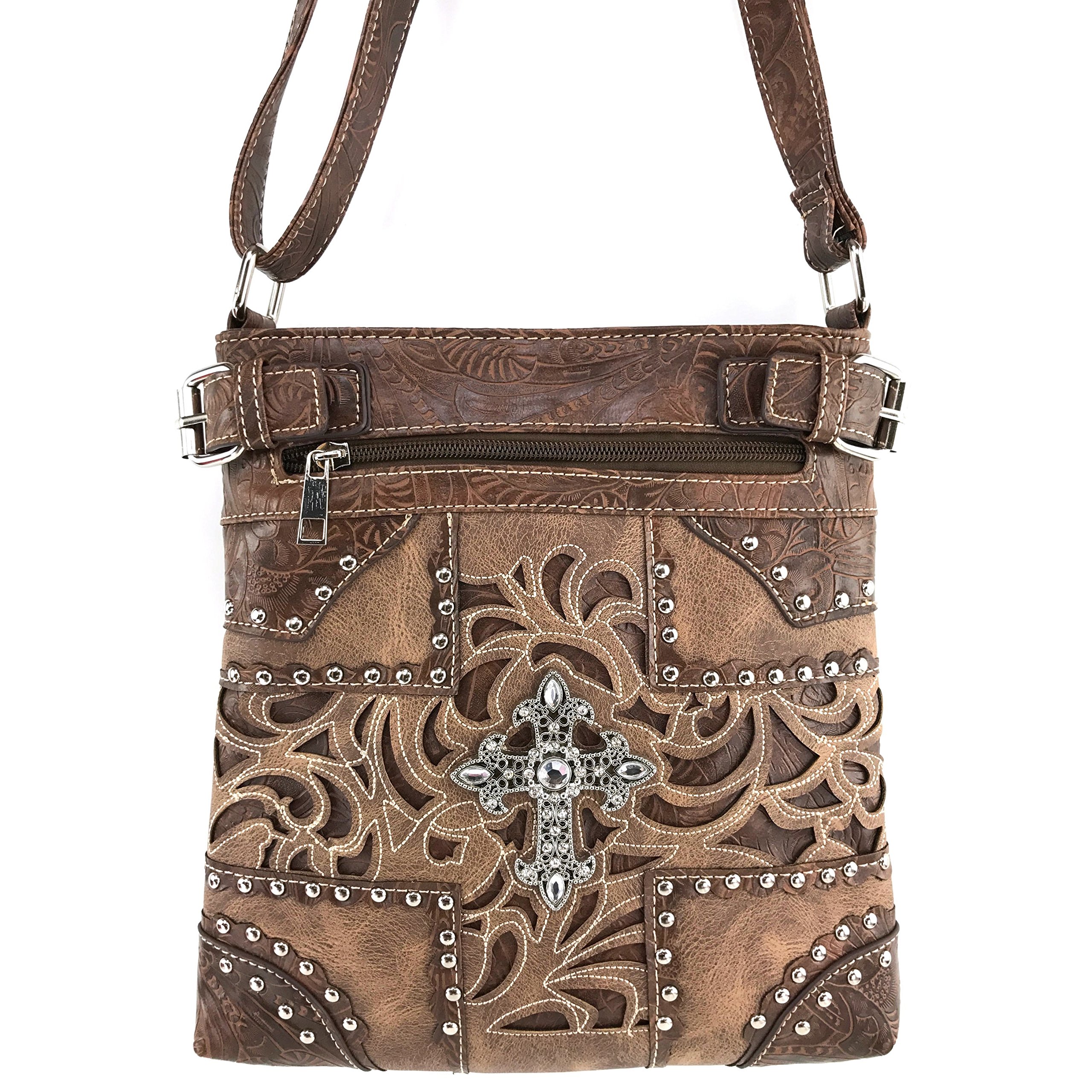 Justin West Western Laser Cut Rhinestone Silver Cross Messenger Handbag with CrossBody Strap (Beige Brown)