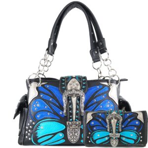 justin west abstract butterfly buckle black conceal carry handbag (blue purse and wallet)