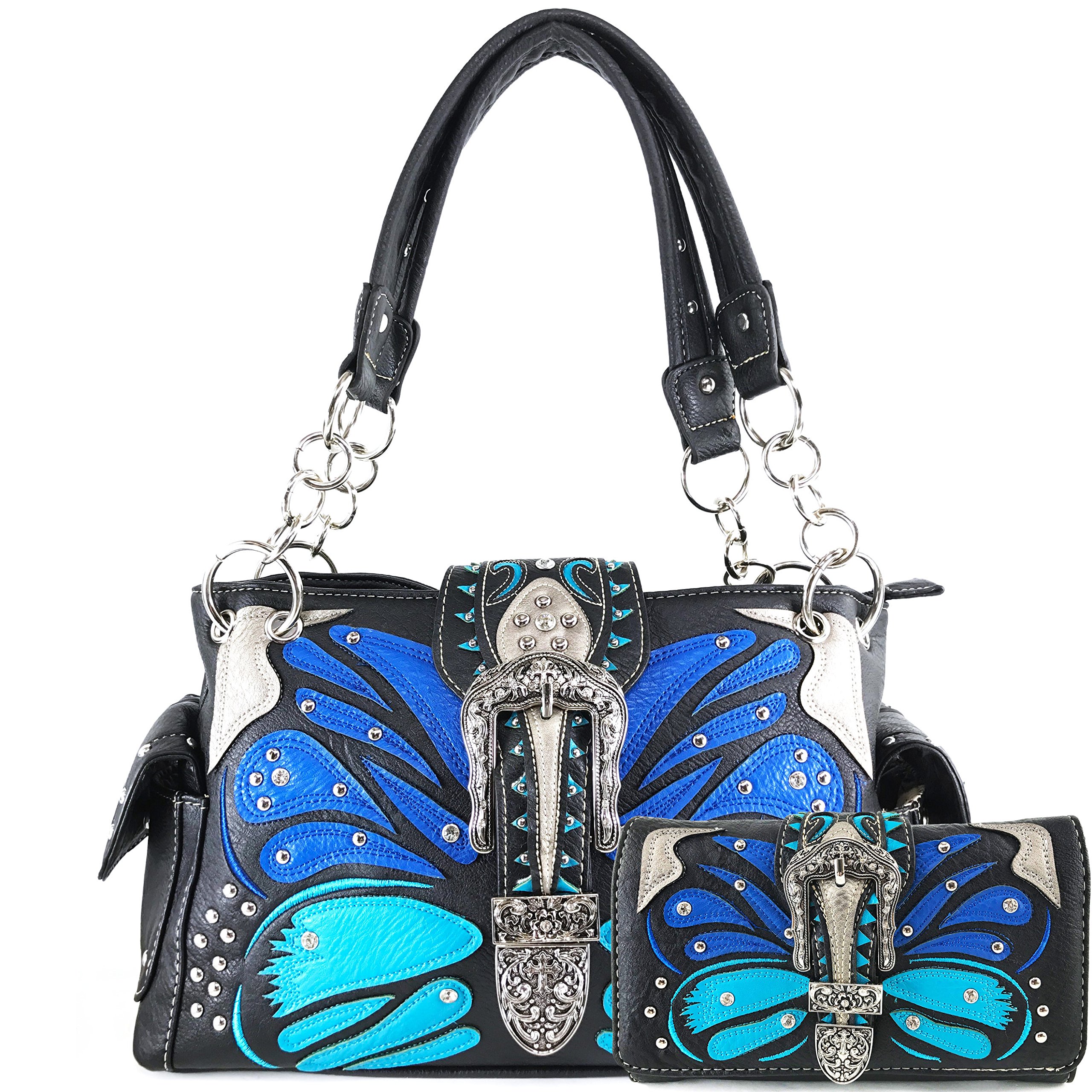 Justin West Abstract Butterfly Buckle Black Conceal Carry Handbag (Blue Purse and wallet)