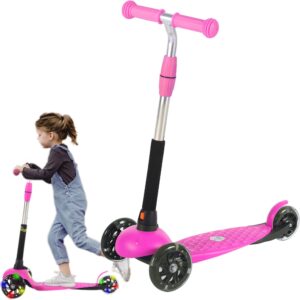 voyage sports 3-wheeled kick scooter for kids ages 3-5 - lightweight, alloy steel, adjustable handlebars, light up led, anti-slip deck, for preschool toddler boys and girls, pink