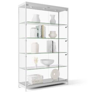 displays2go tempered glass showcases in silver, anodized aluminum & melamine, led lighting – silver (lesc4816sv)