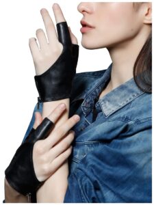 fioretto womens fingerless leather gloves unlined leather driving gloves dancing performance punk half finger gloves black medium