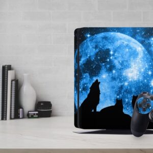 ZOOMHITSKINS PS4 Slim Skin, Compatible for Playstation 4 Slim, Black Wolf Pack Sky Moon Blue Devour Star, 1 PS4 Slim Console Skin 2 PS4 Slim Controller Skin, Durable & Fit, 3M Vinyl, Made in The USA