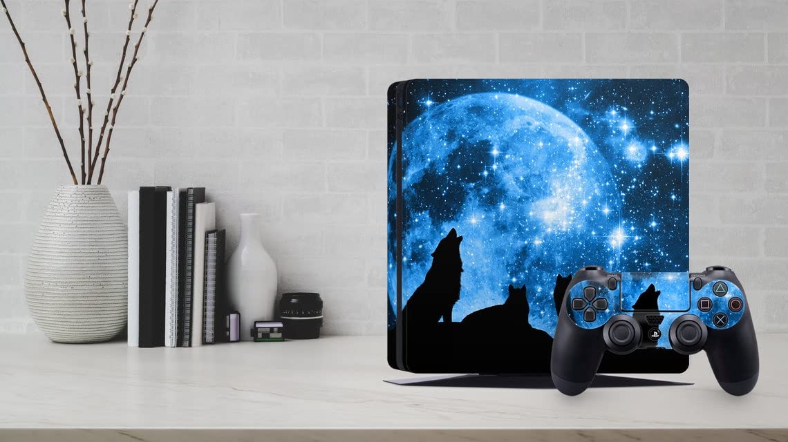 ZOOMHITSKINS PS4 Slim Skin, Compatible for Playstation 4 Slim, Black Wolf Pack Sky Moon Blue Devour Star, 1 PS4 Slim Console Skin 2 PS4 Slim Controller Skin, Durable & Fit, 3M Vinyl, Made in The USA