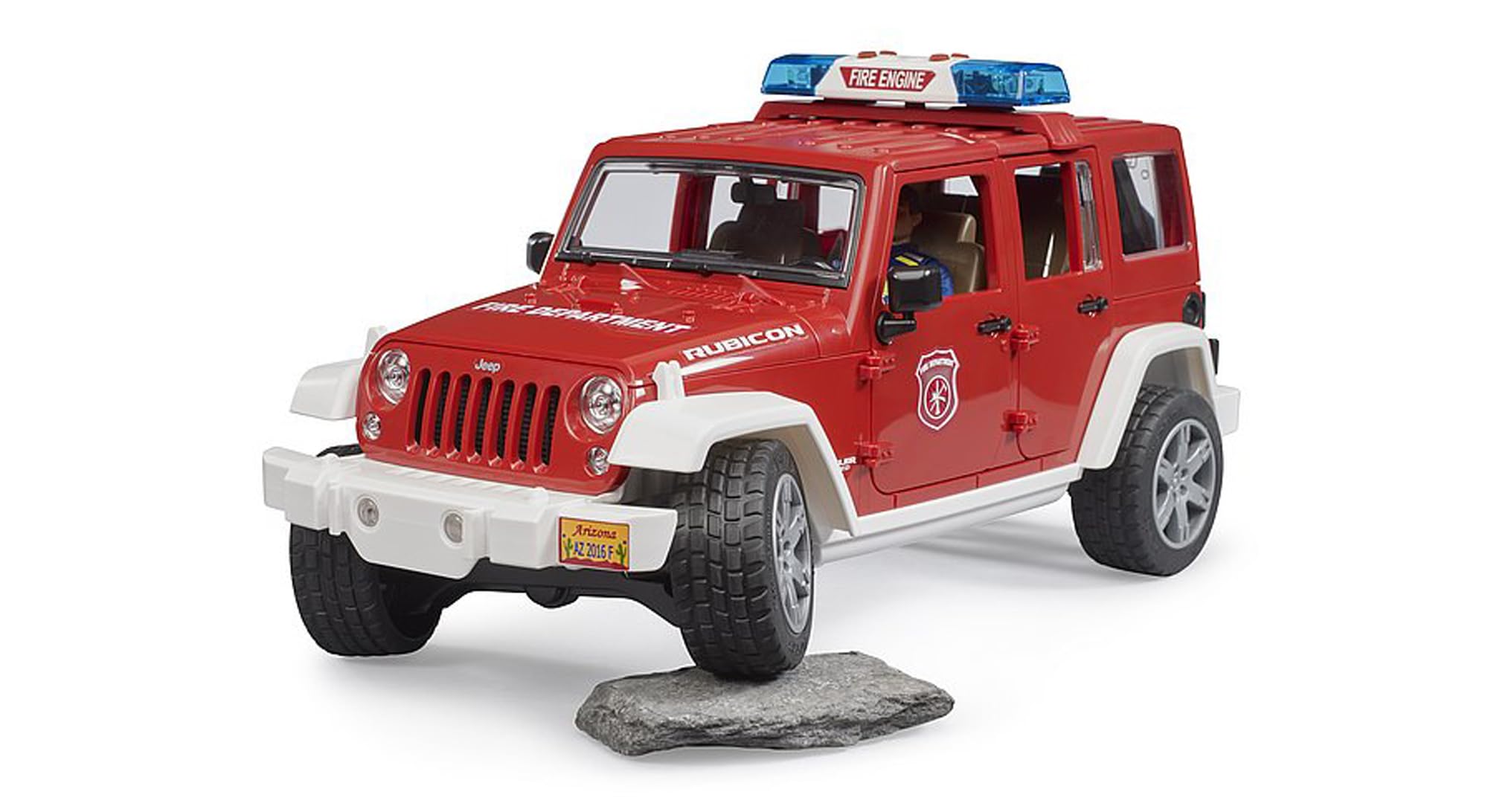 Bruder Jeep Rubicon Fire Rescue Vehicle with Electronic Emergency Siren Sounds and Fireman Figurine