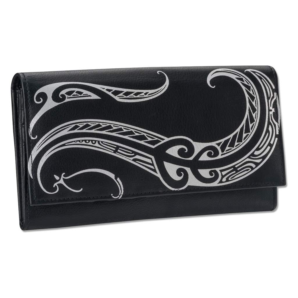 Polynesian Tattoo Women's Leather Clutch Wallet Model "Ahona" Tattoo art by Kuaika Quenga (Black) from NAKOA