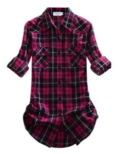 match womens button down flannel plaid shirts roll up long sleeve shackets business blouse top (small, checks#8)