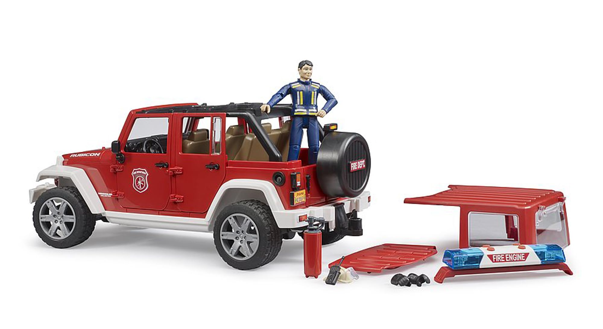 Bruder Jeep Rubicon Fire Rescue Vehicle with Electronic Emergency Siren Sounds and Fireman Figurine