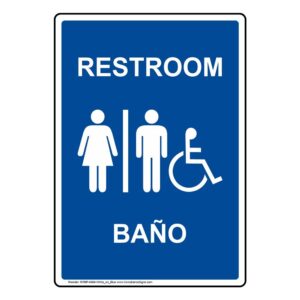 compliancesigns.com vertical blue wheelchair accessible restroom - baño english + spanish label decal, 5x3.5 in. 4-pack vinyl for restrooms