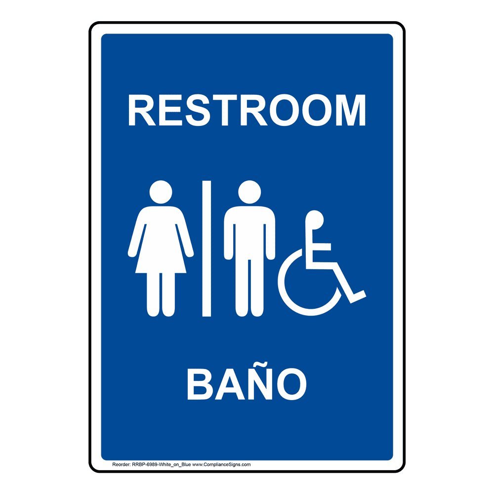 ComplianceSigns.com Vertical Blue Wheelchair Accessible Restroom - Baño English + Spanish Label Decal, 5x3.5 in. 4-Pack Vinyl for Restrooms