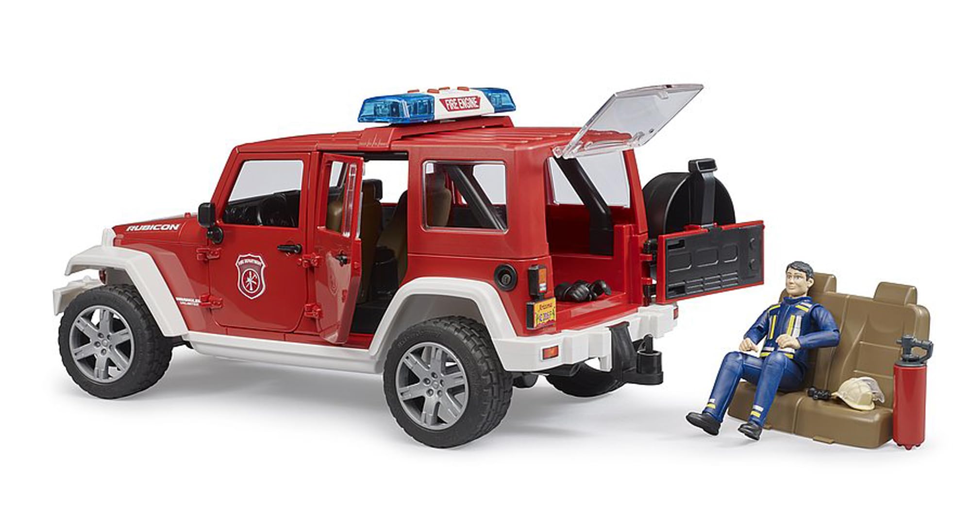 Bruder Jeep Rubicon Fire Rescue Vehicle with Electronic Emergency Siren Sounds and Fireman Figurine