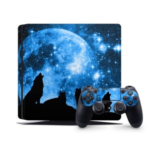 ZOOMHITSKINS PS4 Slim Skin, Compatible for Playstation 4 Slim, Black Wolf Pack Sky Moon Blue Devour Star, 1 PS4 Slim Console Skin 2 PS4 Slim Controller Skin, Durable & Fit, 3M Vinyl, Made in The USA