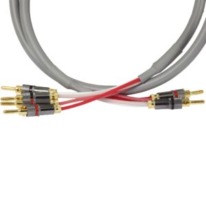 blue jeans cable canare 4s11 speaker cable, with ultrasonically-welded bi-wire terminations (one cable - for one speaker); assembled in the usa (8 foot, two bananas to four bananas, grey)