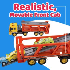 Liberty Imports Friction Powered Transport Car Carrier Truck Kids Toy - Heavy Duty Auto Transporter Trailer with Lights, Sound Effects, and Ramp (Includes 4 Removable Cars)