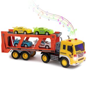 liberty imports friction powered transport car carrier truck kids toy - heavy duty auto transporter trailer with lights, sound effects, and ramp (includes 4 removable cars)