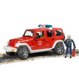 Bruder Jeep Rubicon Fire Rescue Vehicle with Electronic Emergency Siren Sounds and Fireman Figurine