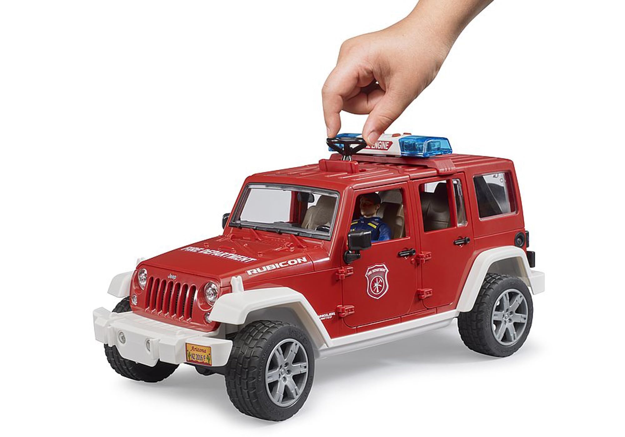 Bruder Jeep Rubicon Fire Rescue Vehicle with Electronic Emergency Siren Sounds and Fireman Figurine