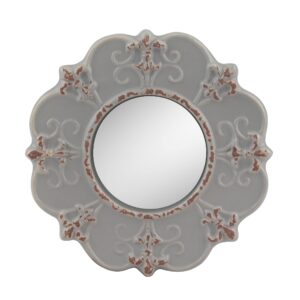 stonebriar 8" round light gray ceramic accent wall mirror with attached hanging loop, decorative vintage decor for the living room, bedroom, hallway, and entryway