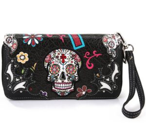 cowgirl trendy western purse sugar skull, cross clutch wallet day of the dead wristlet, black