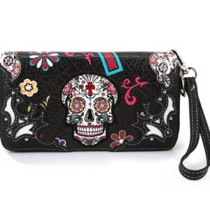 Cowgirl Trendy Western Purse Sugar Skull, Cross Clutch Wallet Day of the Dead Wristlet, Black