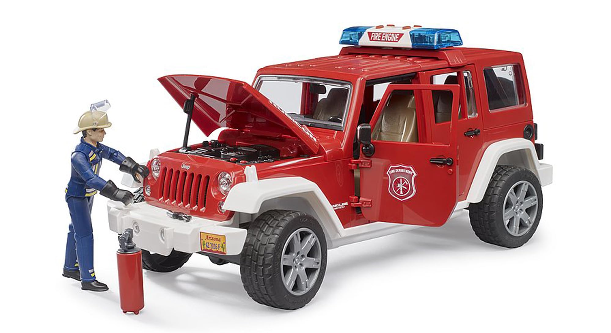 Bruder Jeep Rubicon Fire Rescue Vehicle with Electronic Emergency Siren Sounds and Fireman Figurine