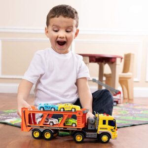 Liberty Imports Friction Powered Transport Car Carrier Truck Kids Toy - Heavy Duty Auto Transporter Trailer with Lights, Sound Effects, and Ramp (Includes 4 Removable Cars)