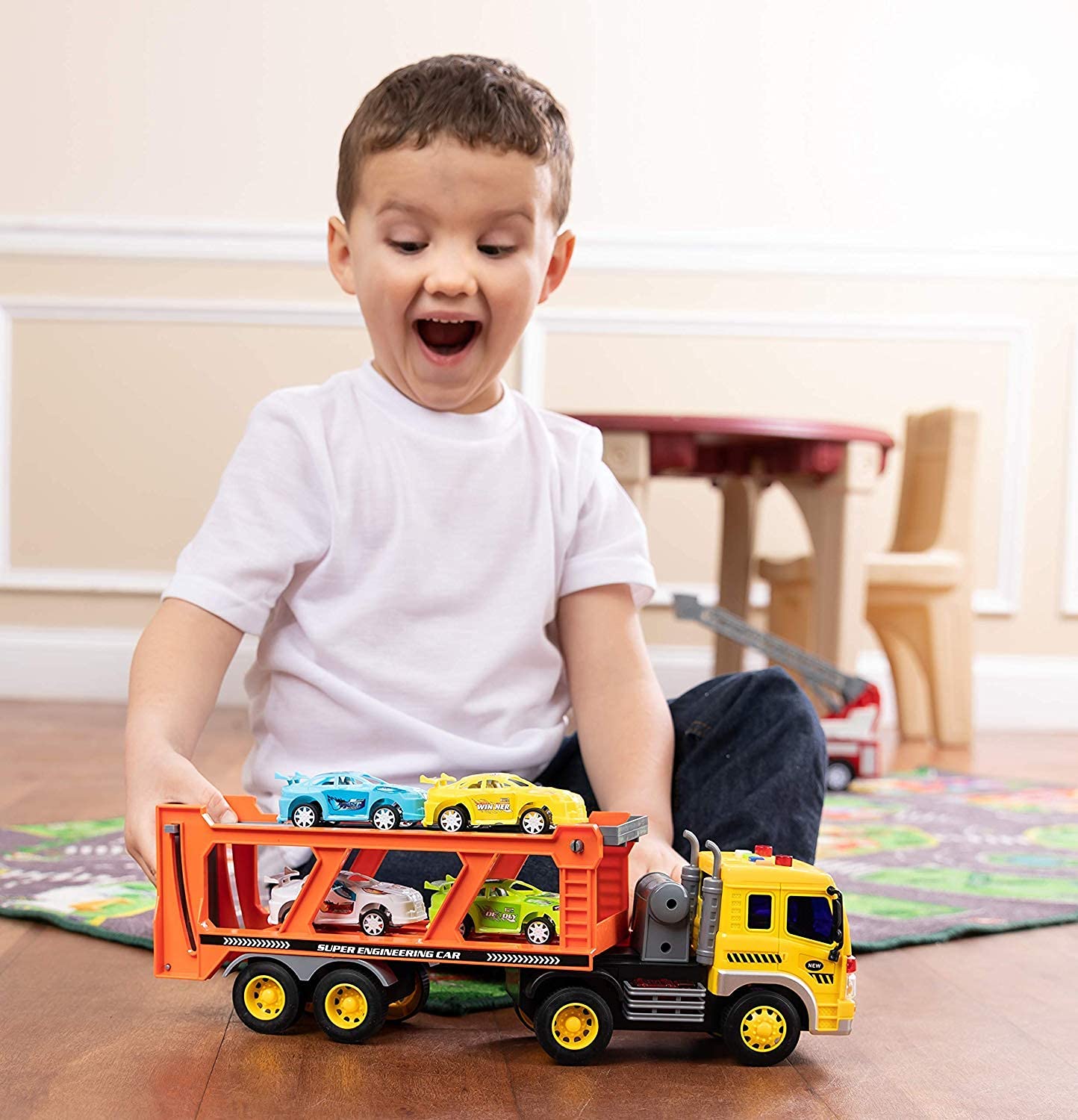 Liberty Imports Friction Powered Transport Car Carrier Truck Kids Toy - Heavy Duty Auto Transporter Trailer with Lights, Sound Effects, and Ramp (Includes 4 Removable Cars)