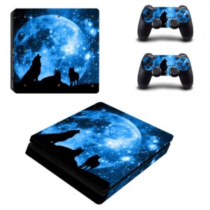 zoomhitskins ps4 slim skin, compatible for playstation 4 slim, black wolf pack sky moon blue devour star, 1 ps4 slim console skin 2 ps4 slim controller skin, durable & fit, 3m vinyl, made in the usa