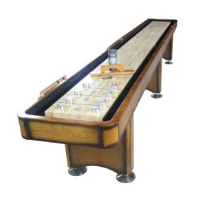 playcraft georgetown shuffleboard table with storage cabinet - shuffle board game table with matching abacus, 8 pucks, brush & wax - pro climate adjusters - hand-stained honey oak finish - 14ft