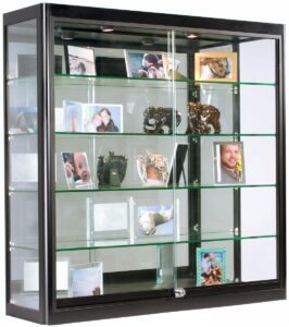 displays2go glass retail cabinet with led lighting, four tempered glass shelves, sliding lockable doors, aluminum build – black (wc3912ledb)