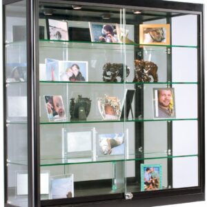 Displays2go Glass Retail Cabinet with LED Lighting, Four Tempered Glass Shelves, Sliding Lockable Doors, Aluminum Build – Black (WC3912LEDB)