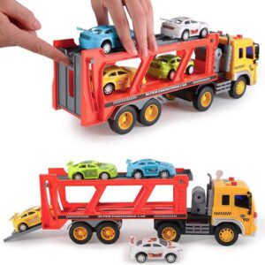 Liberty Imports Friction Powered Transport Car Carrier Truck Kids Toy - Heavy Duty Auto Transporter Trailer with Lights, Sound Effects, and Ramp (Includes 4 Removable Cars)