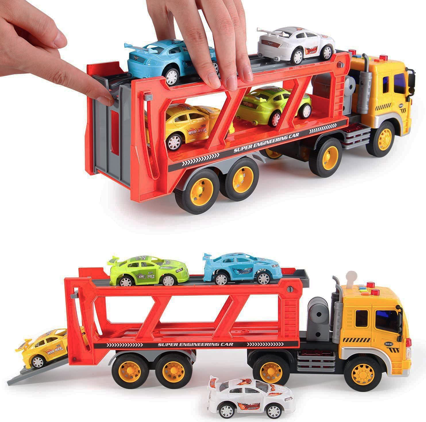 Liberty Imports Friction Powered Transport Car Carrier Truck Kids Toy - Heavy Duty Auto Transporter Trailer with Lights, Sound Effects, and Ramp (Includes 4 Removable Cars)